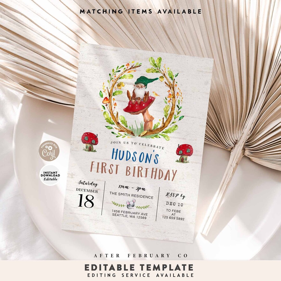 Editable Gnome Birthday Invitation Boy Birthday Party Invite Gnome ...