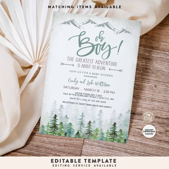 EDITABLE Adventure Baby Shower Invitation Oh Boy Mountain | Etsy