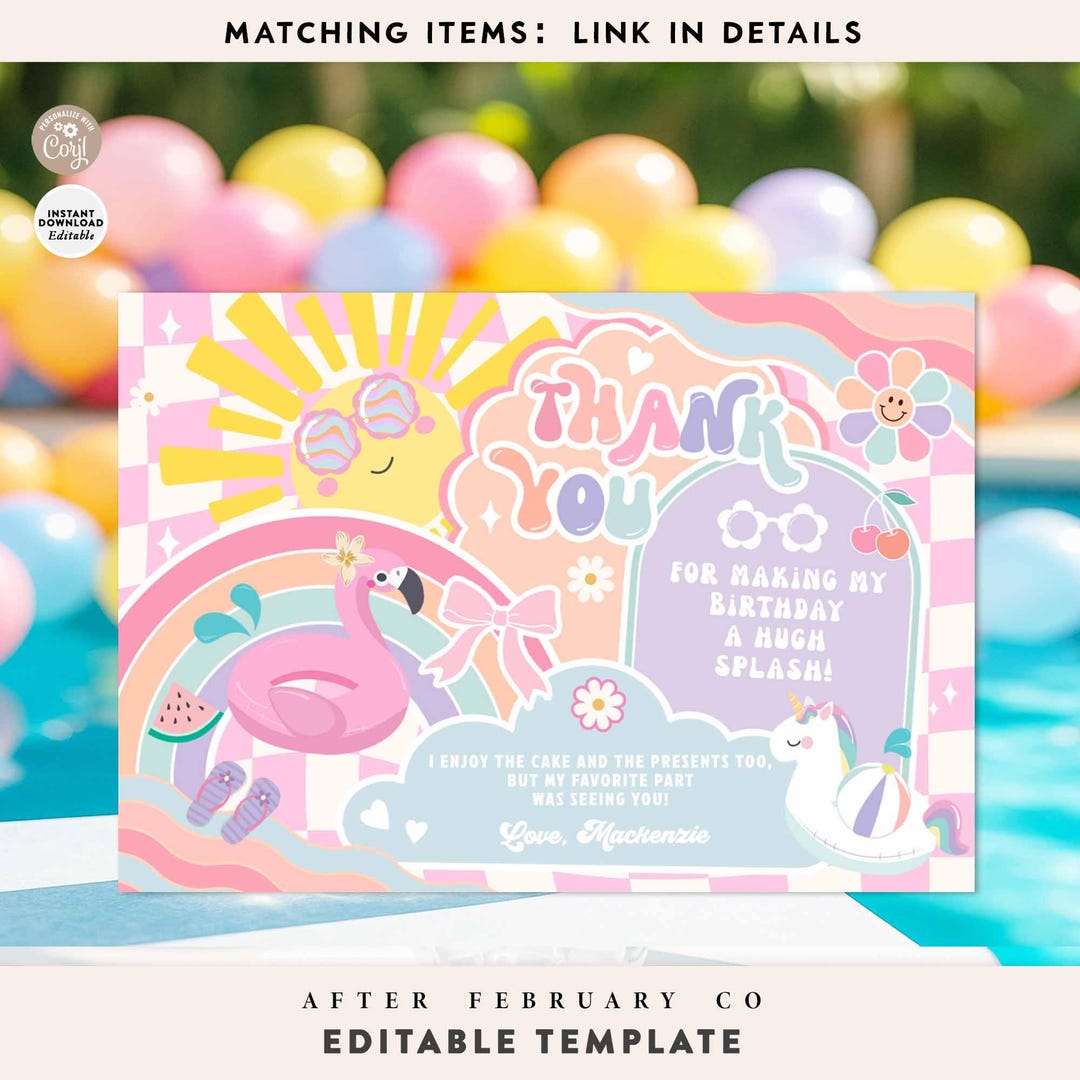 Editable Preppy Groovy Pool Beach Birthday Party Thank You Flat Card ...