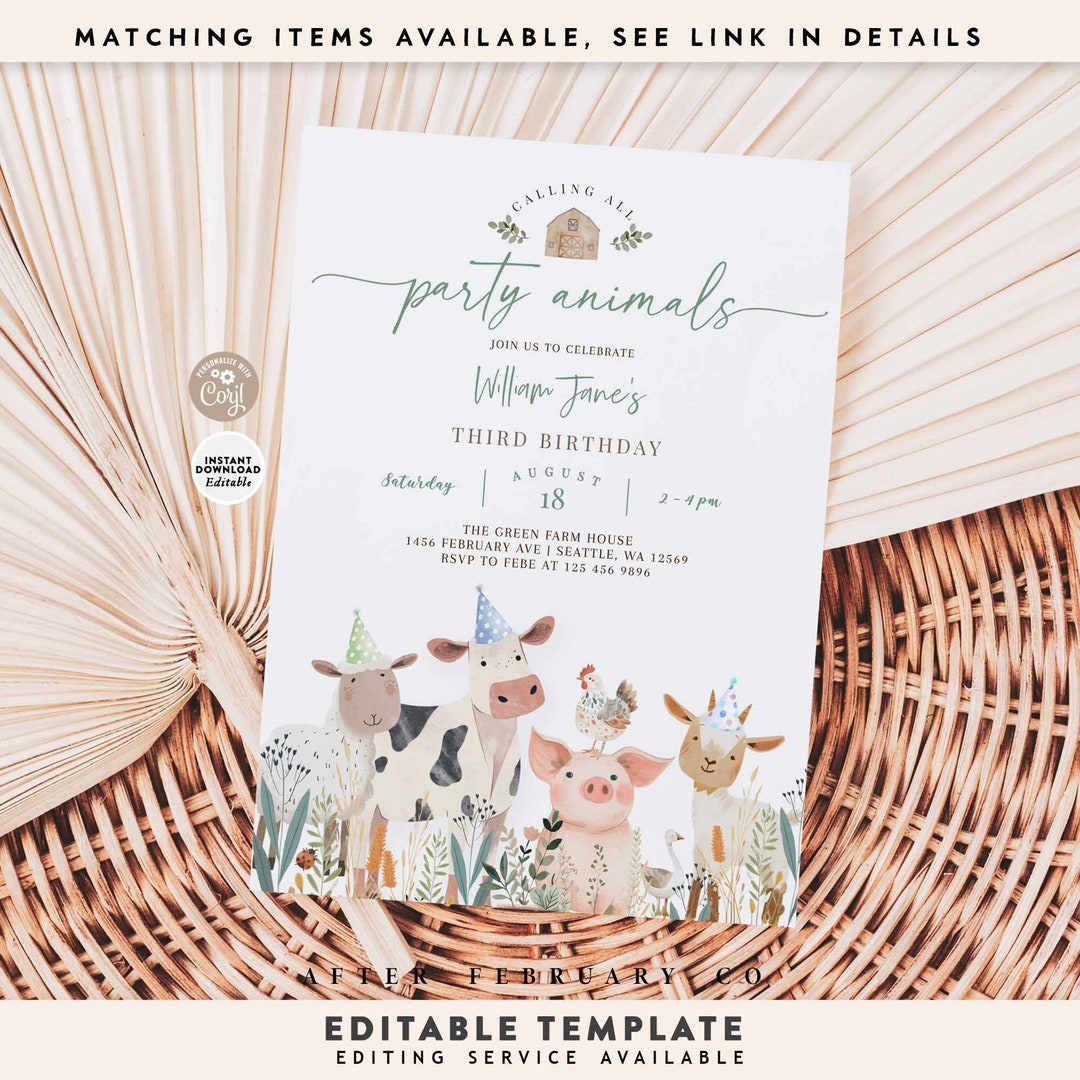 Editable Farm Animal Birthday Invitation Boho Boy Farm Calling All ...