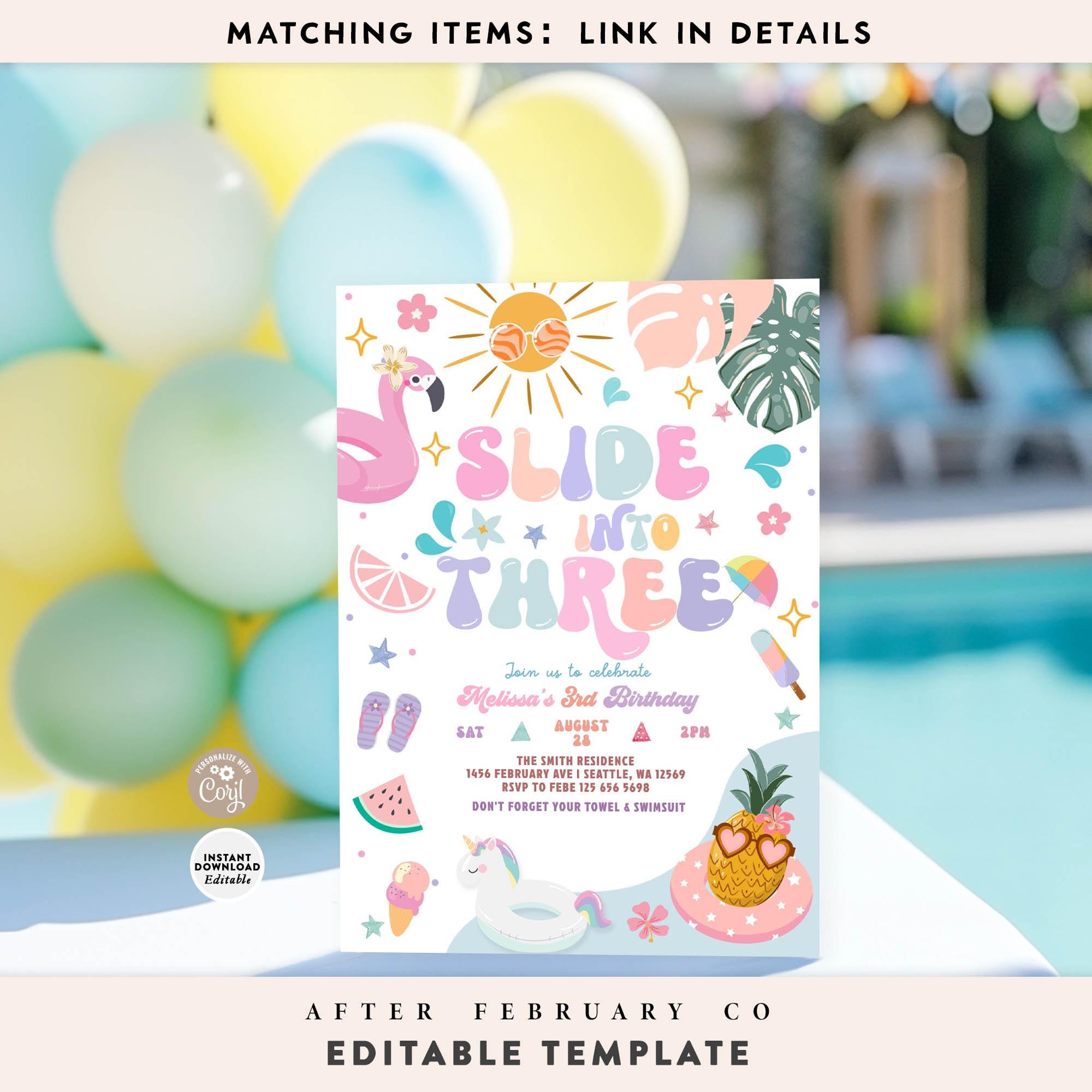Slide Into Three 3rd Birthday Invitation: Pool Party Splash Pad Invite ...