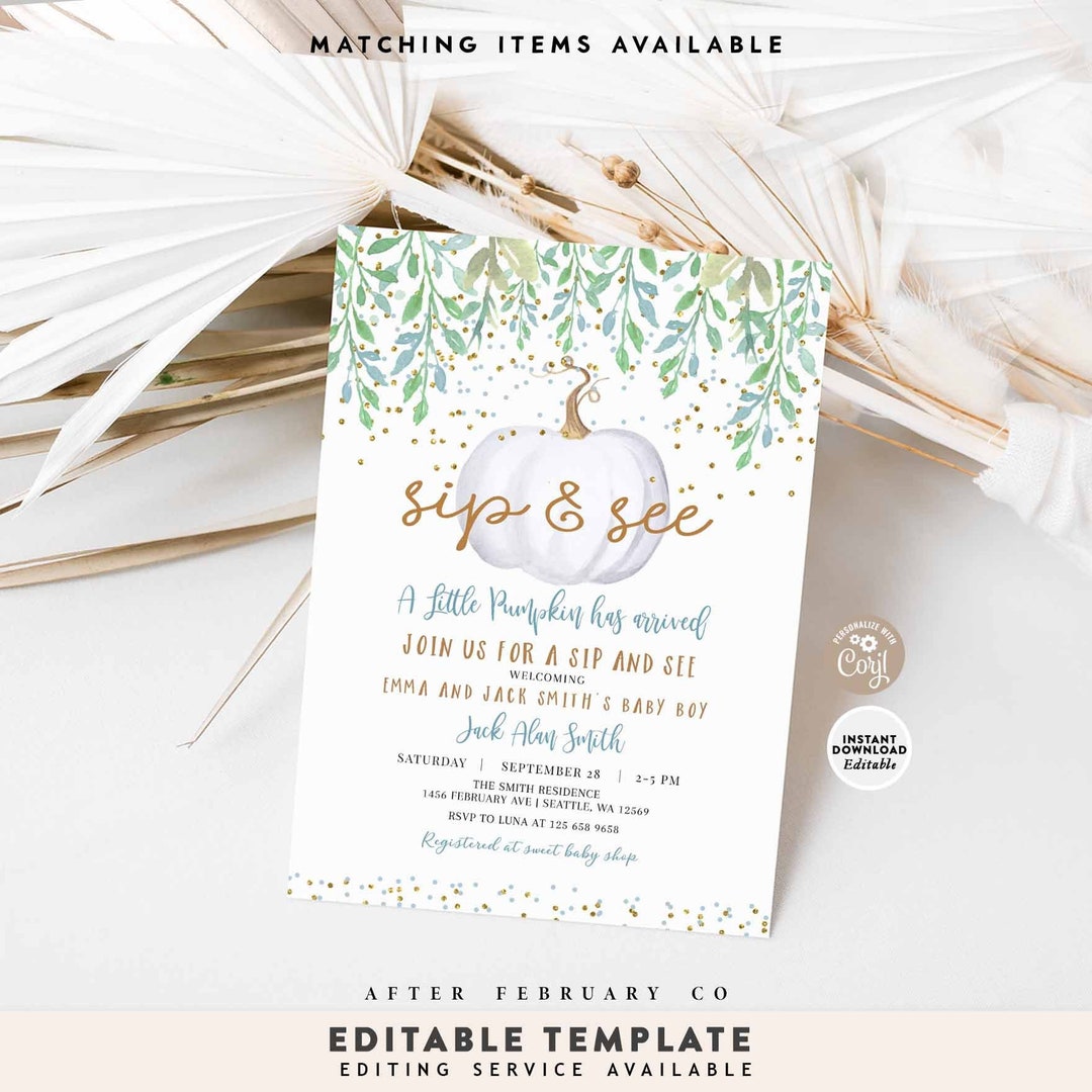 EDITABLE Sip and See Boy Pumpkin Sip and See Fall Sip and See Blue Gold ...