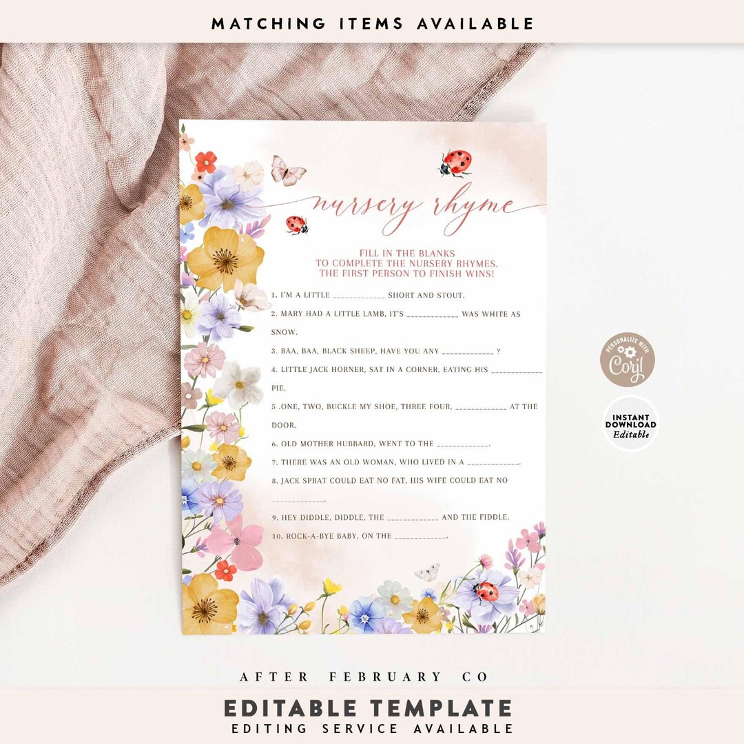 EDITABLE Girl Ladybug Wildflower Baby Shower Nursery Rhyme Game Girl ...