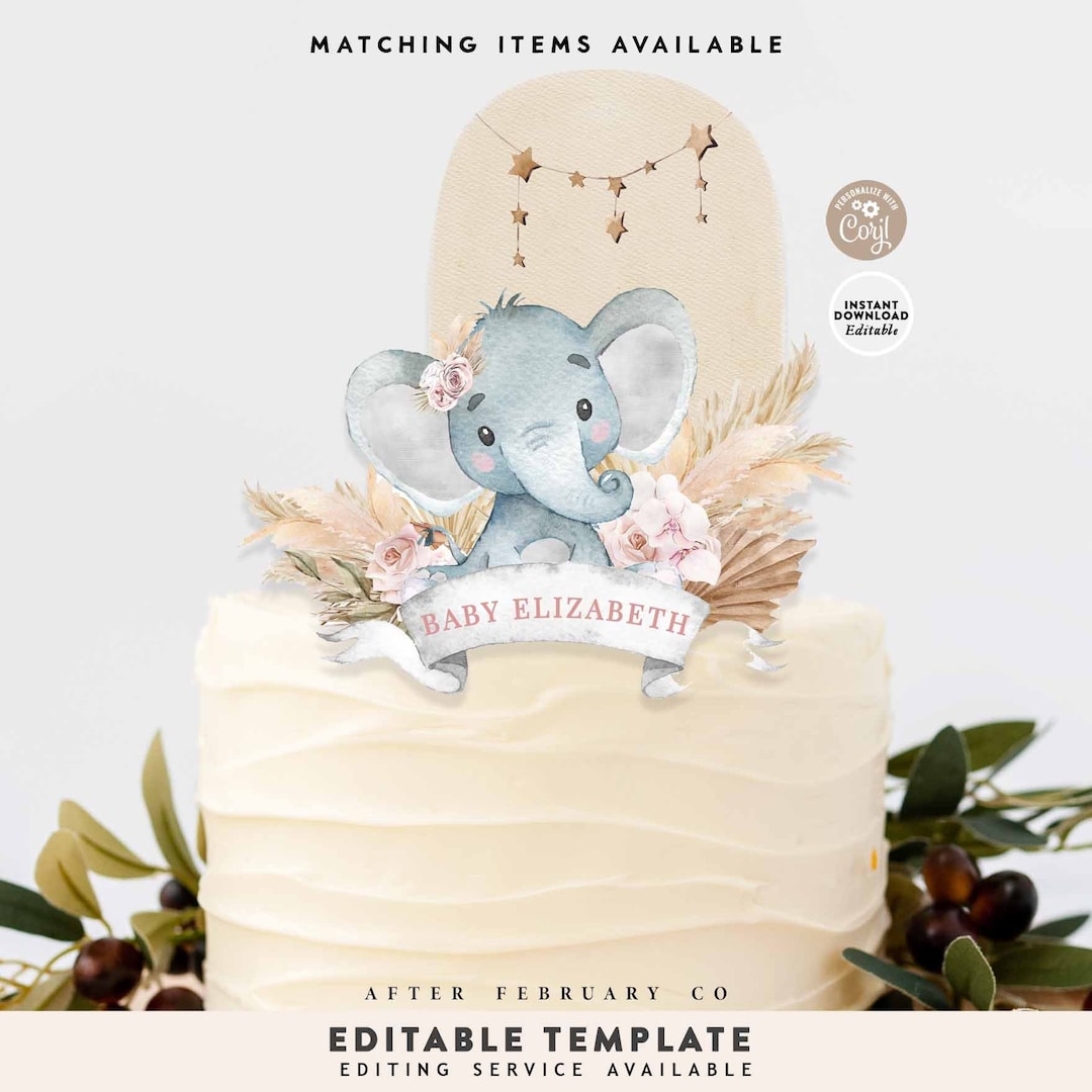 EDITABLE Girl Bogo Elephant Baby Shower Cake Topper Gender Little ...