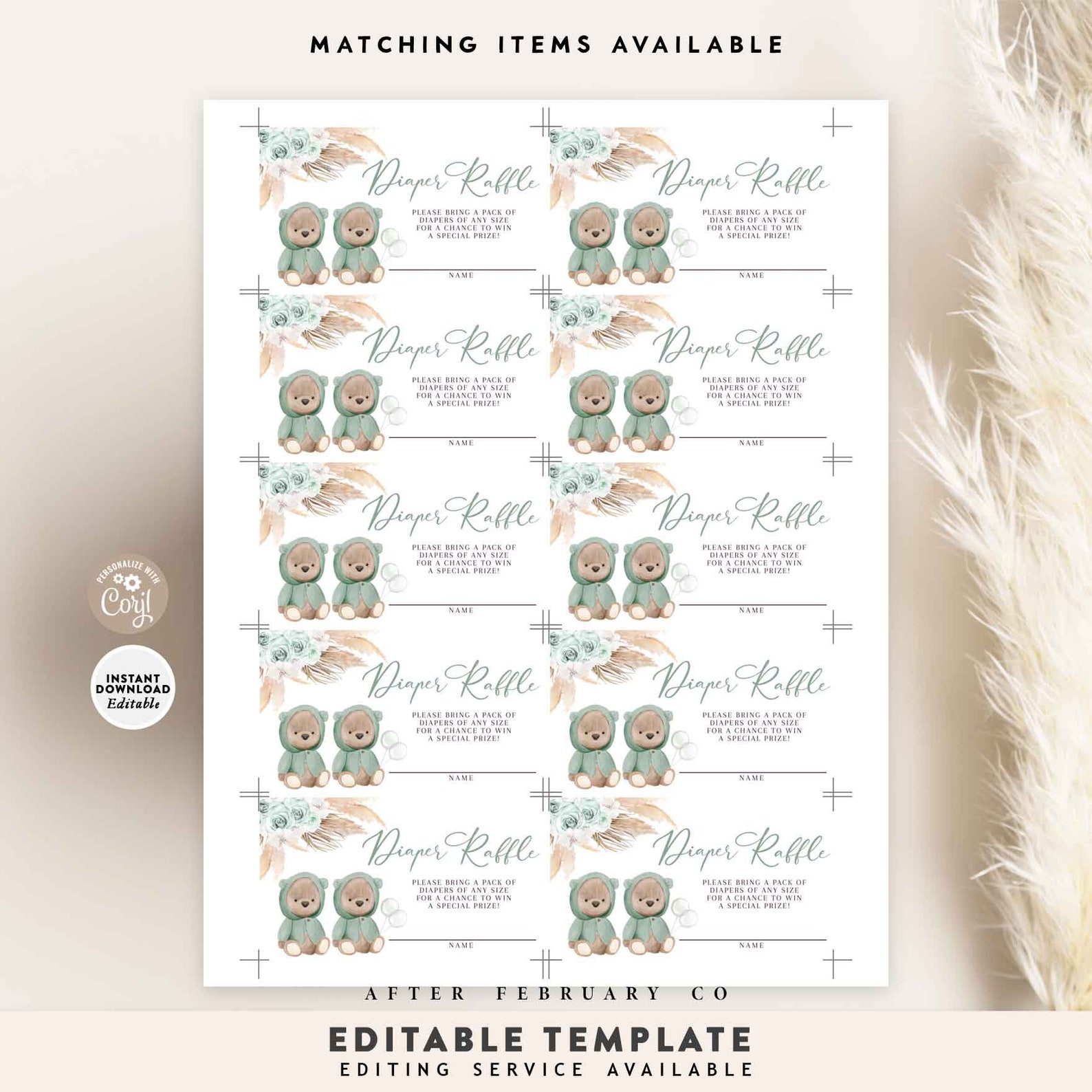 EDITABLE TWIN Sage Green Boho Teddy Bear Diaper Raffle Ticket - Etsy