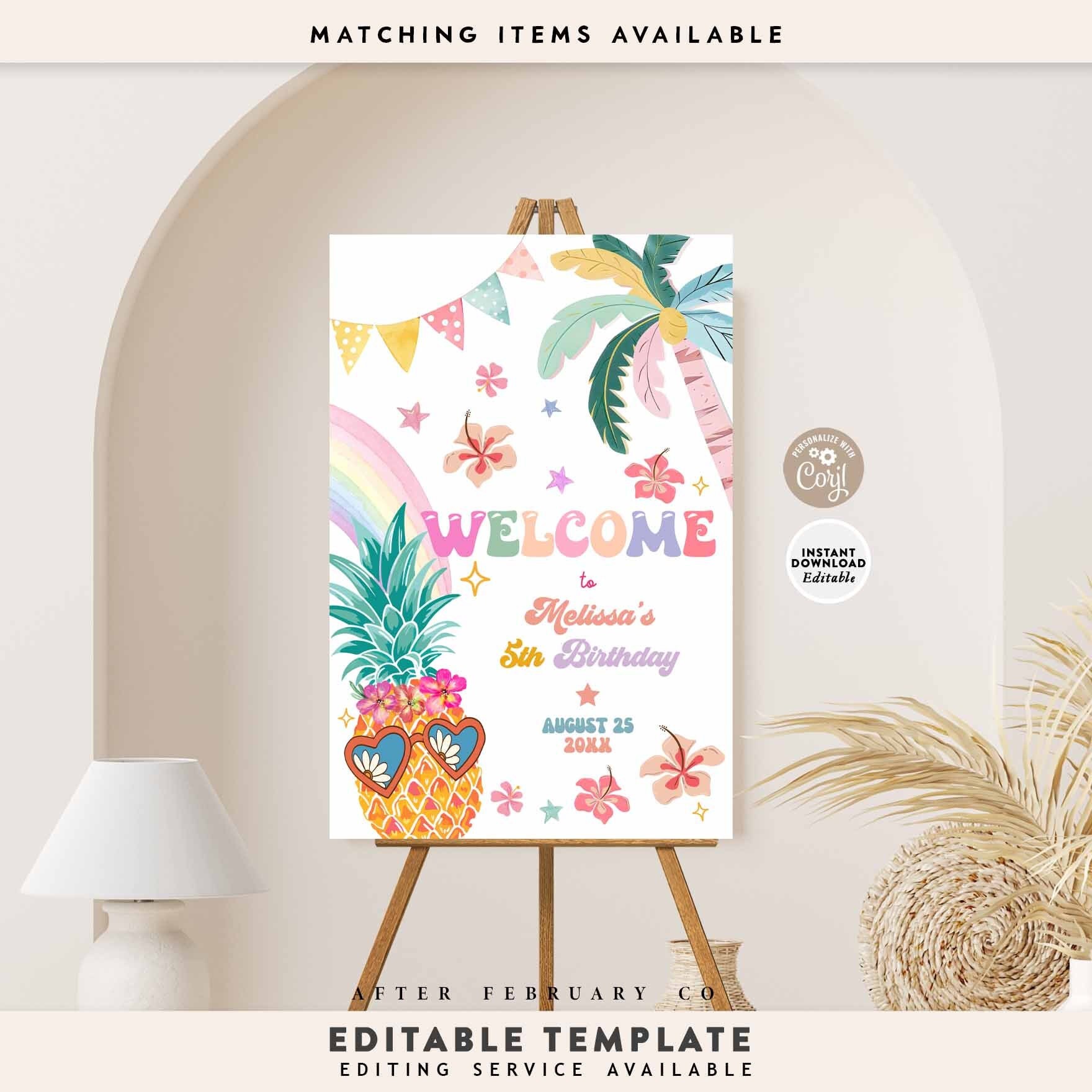 EDITABLE Girl Tropical Hawaiian Aloha Welcome Sign Birthday Welcome ...