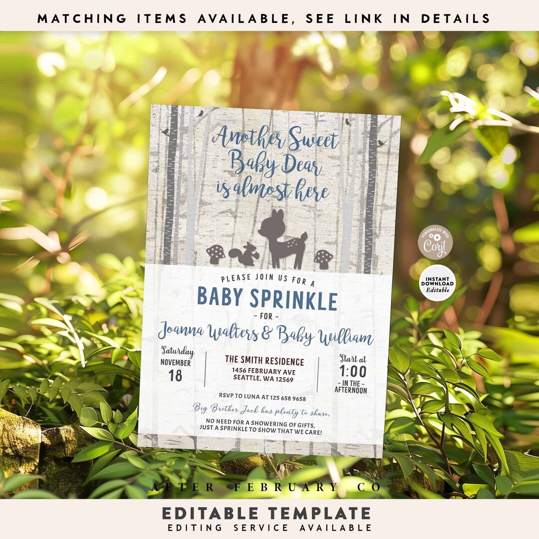 Editable Woodland Baby Sprinkle Invitation Rustic Wood Forest Baby Deer ...
