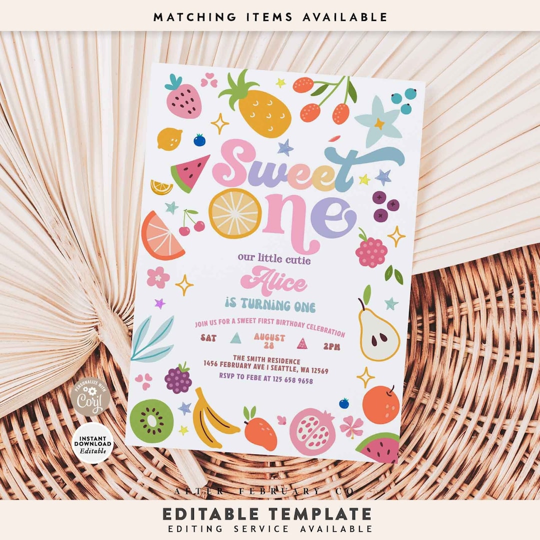 Editable Fruit SWEET ONE Birthday Invitation Fruit 1st First Birthday ...