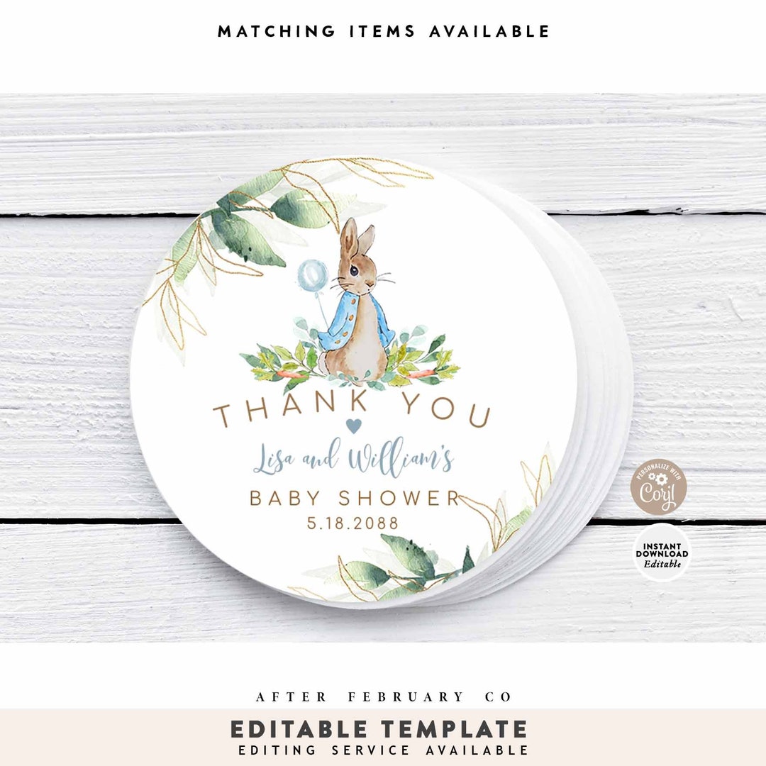 EDITABLE Blue Greenery Boy Peter Rabbit Thank You Round Favor Tag ...
