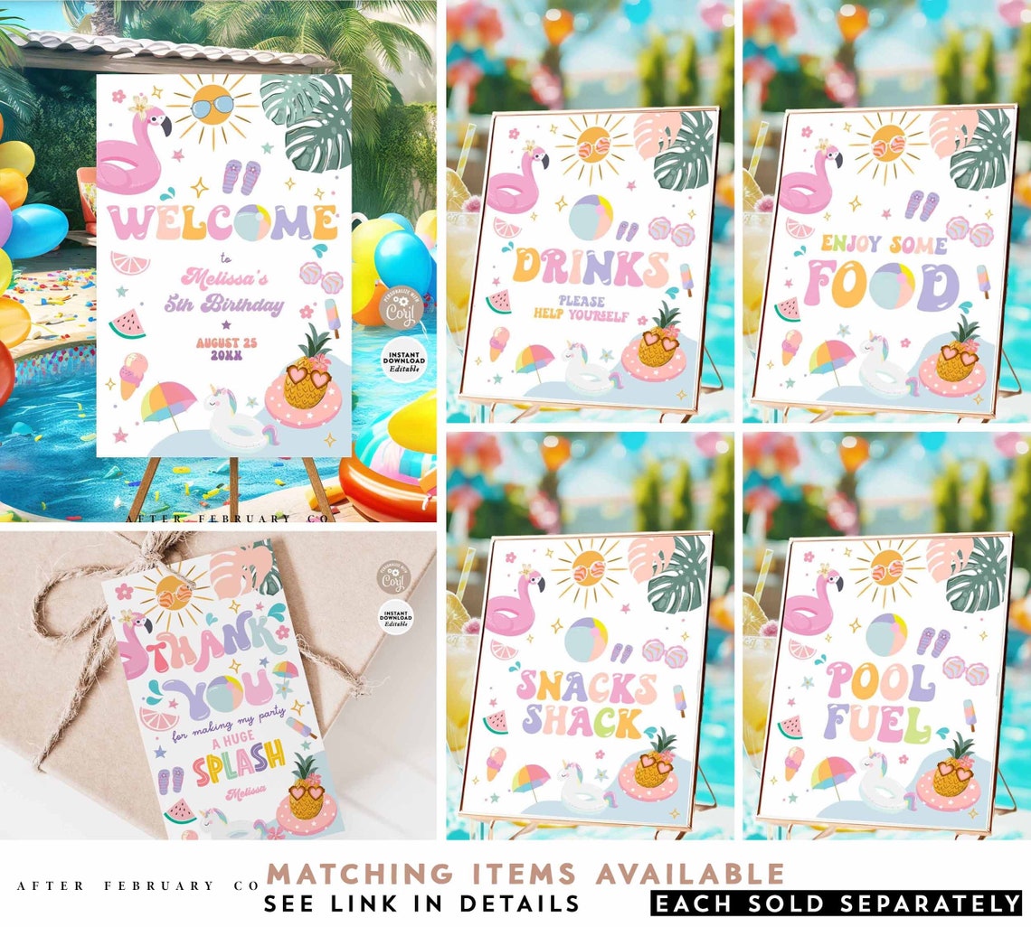 Girl Pool Splash Pool Fuel Table Sign Pool Birthday Summer Party Decor ...