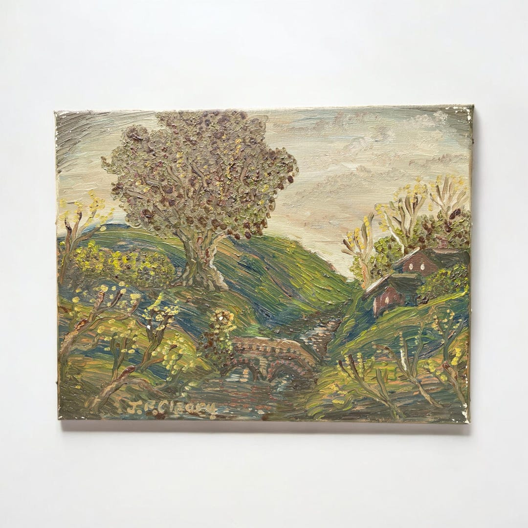 Original Vintage Oil Painting on Canvas of a Naive Landscape Scene ...