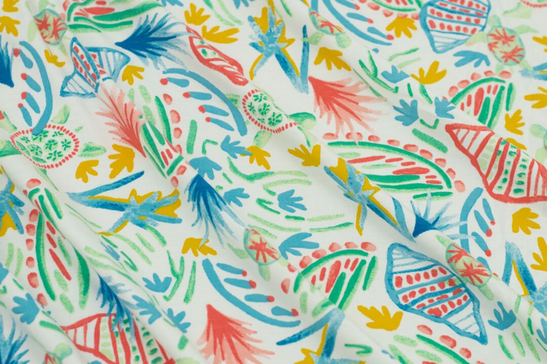 Modal Spandex Knit Seashells White/blue/coral, Topical Print Modal Knit ...