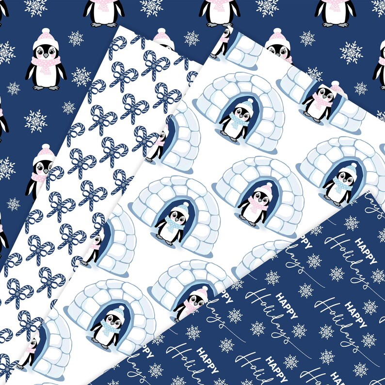 Winter Penguin Igloo Digital Paper Set Charming Seamless Patterns for ...