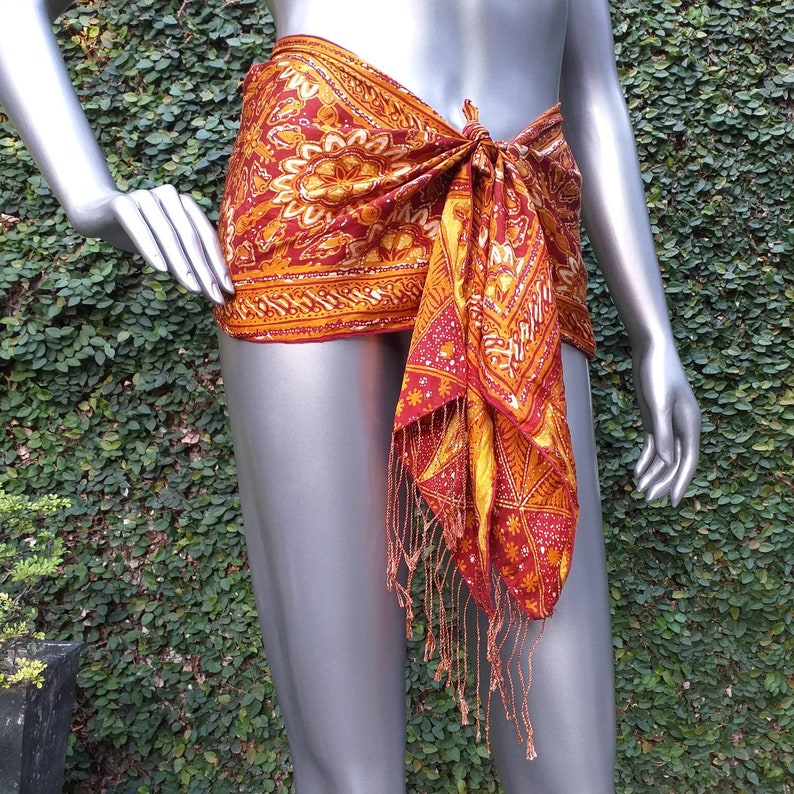 Handprinted Batik Silk Sarong: Red Yellow Javanese Scarf - Etsy