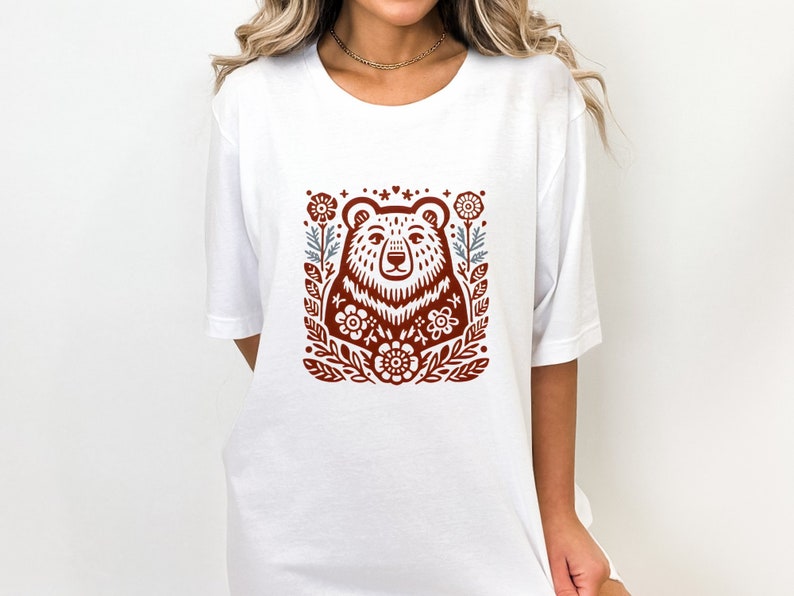 Rustic Bear Floral Print Block Print Style Bear Shirt Linocut Graphic