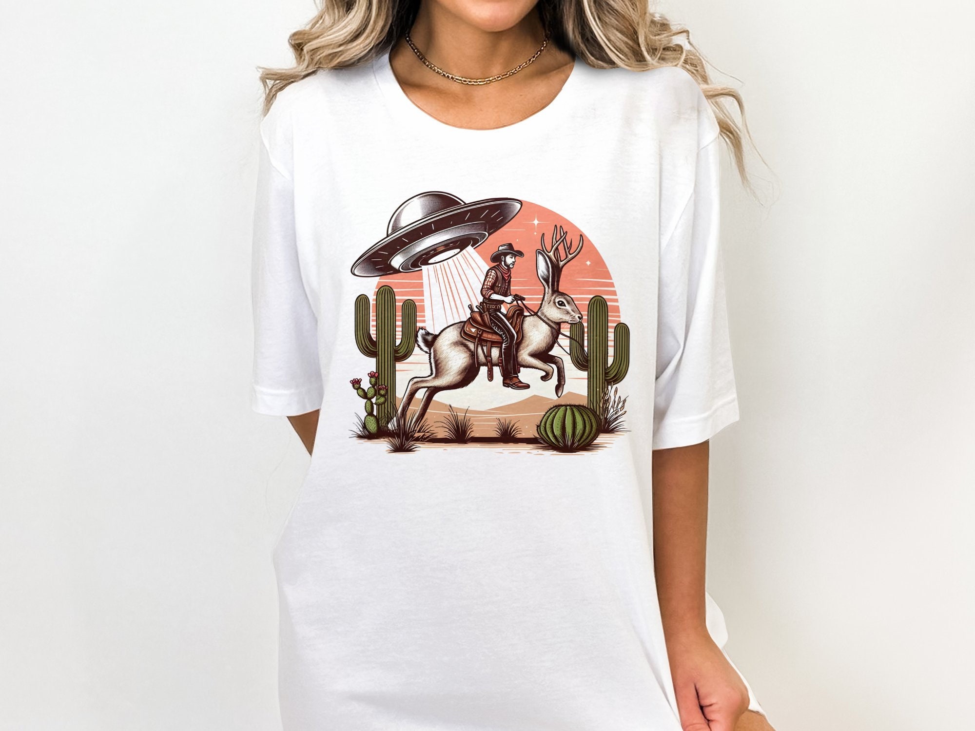 Unique Cowboy Riding Jackalope T-shirt, UFO Western Sunset Desert Theme ...