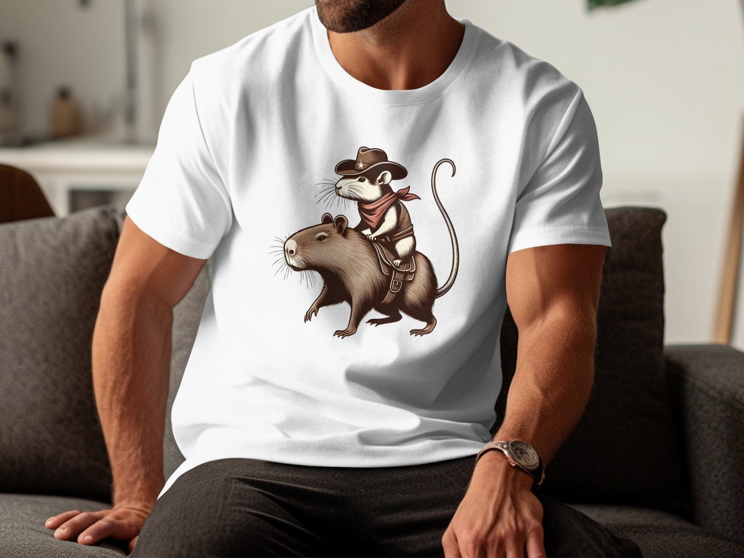 Funny Cowboy Mouse Riding Capybara T-shirt, Rat and Capybara Adventure ...