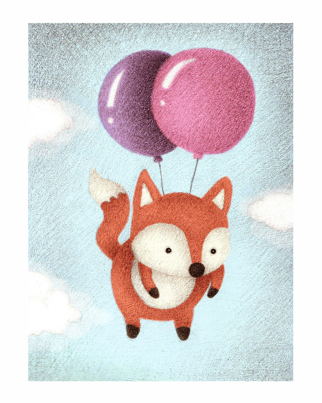 8"x10" or 4"x6" Balloon Fox Floating Flying Sky Cloud Cute Kawaii Chibi ...