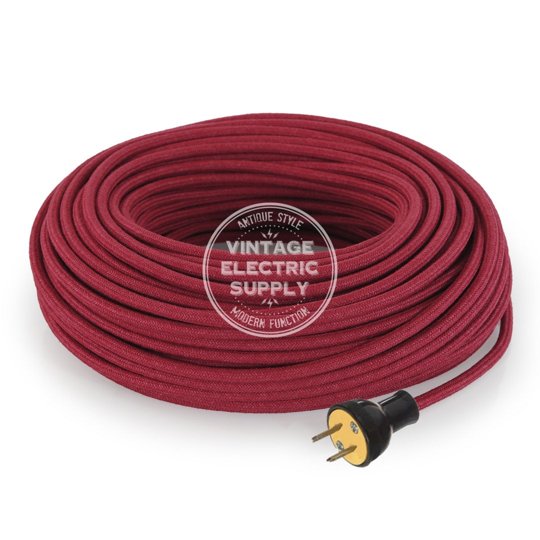 Lamp Cord & Plug Cherry Raw Yarn Cordset Cloth Covered Round Rewire Set ...