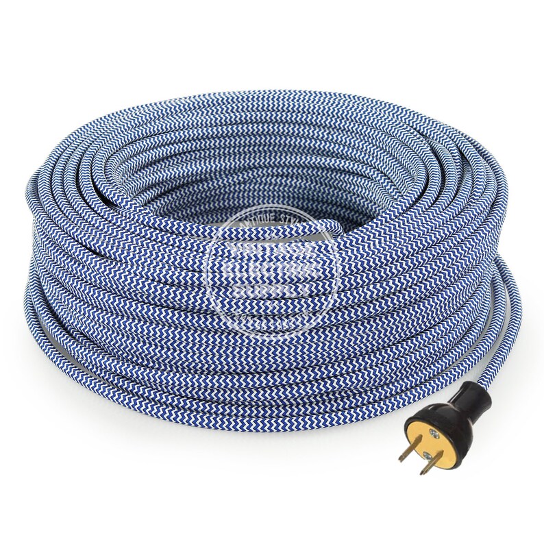 Blue and White Zigzag Cordset Cloth Covered Round Rewire Set - Etsy