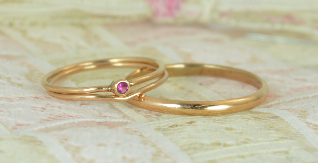 Tiny Ruby Ring Set, Solid Rose Gold Wedding Set, Stacking Ring, Solid 14k Gold Ruby Ring, July ...