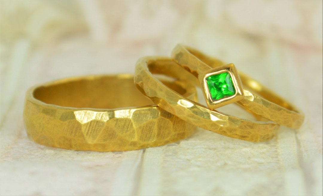 Square Emerald Engagement Ring, 14k Gold, Emerald Wedding Ring Set ...