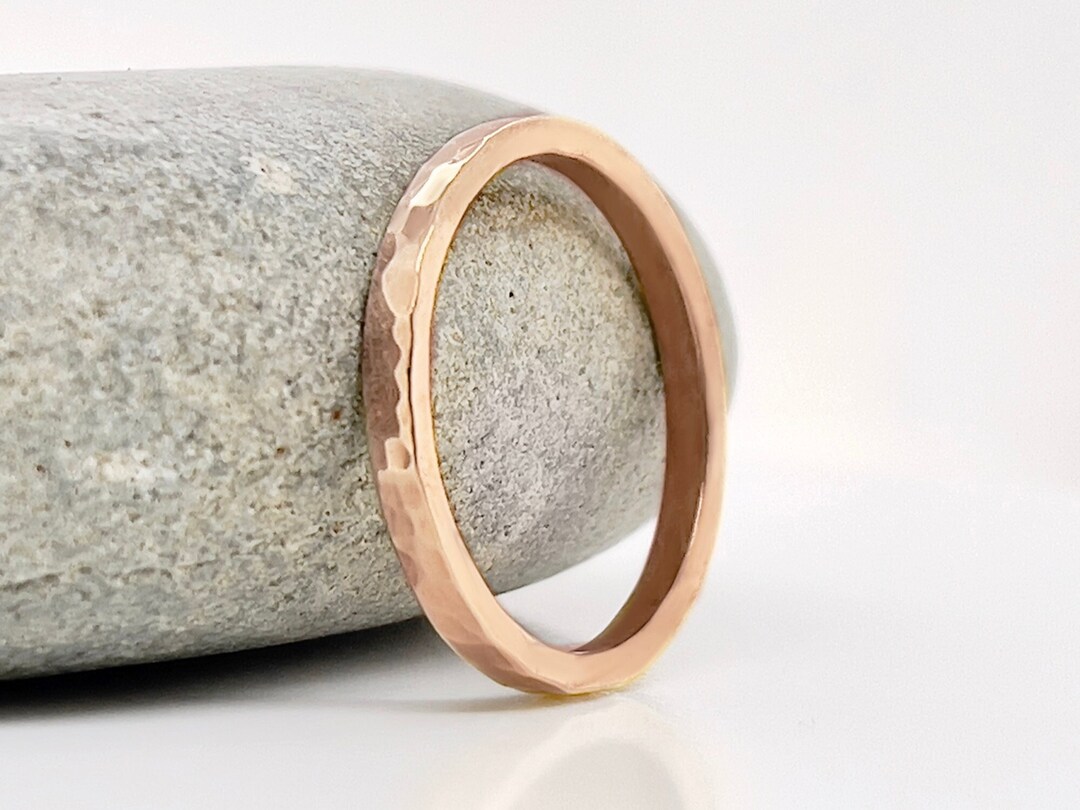 2mm Flat Hammered Finish Rose Gold Ring 10k, 14k, or 18k, Solid Gold, Rose Gold Band, Squared ...