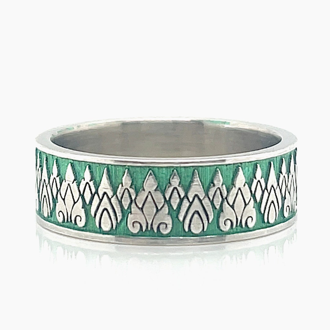 Thai Buddhist Temples Ring in Solid White Gold, Green Ring, Thailand ...