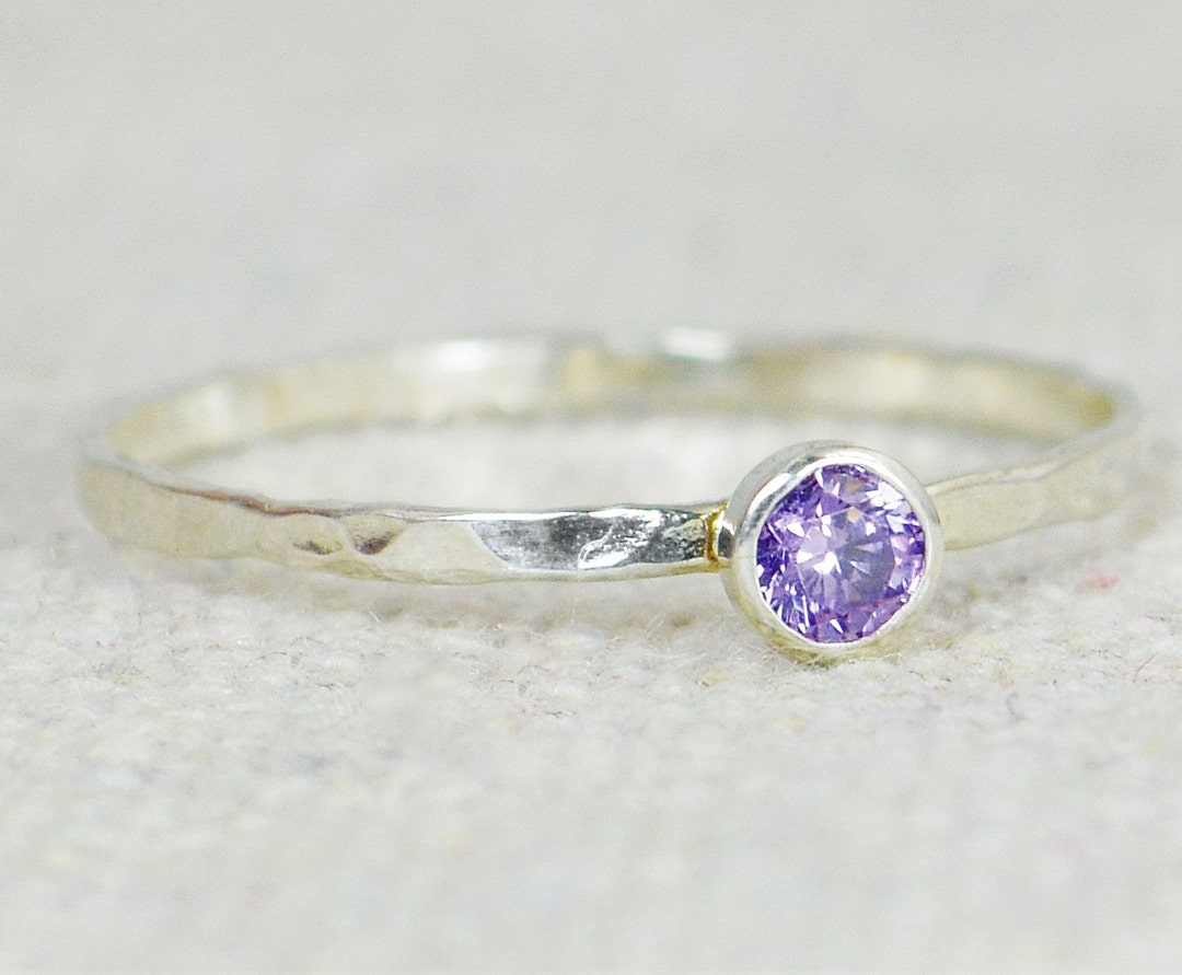 Dainty Amethyst Ring, Silver Hammered Ring, Stackable Ring, February Birthstone, Amethyst Ring ...