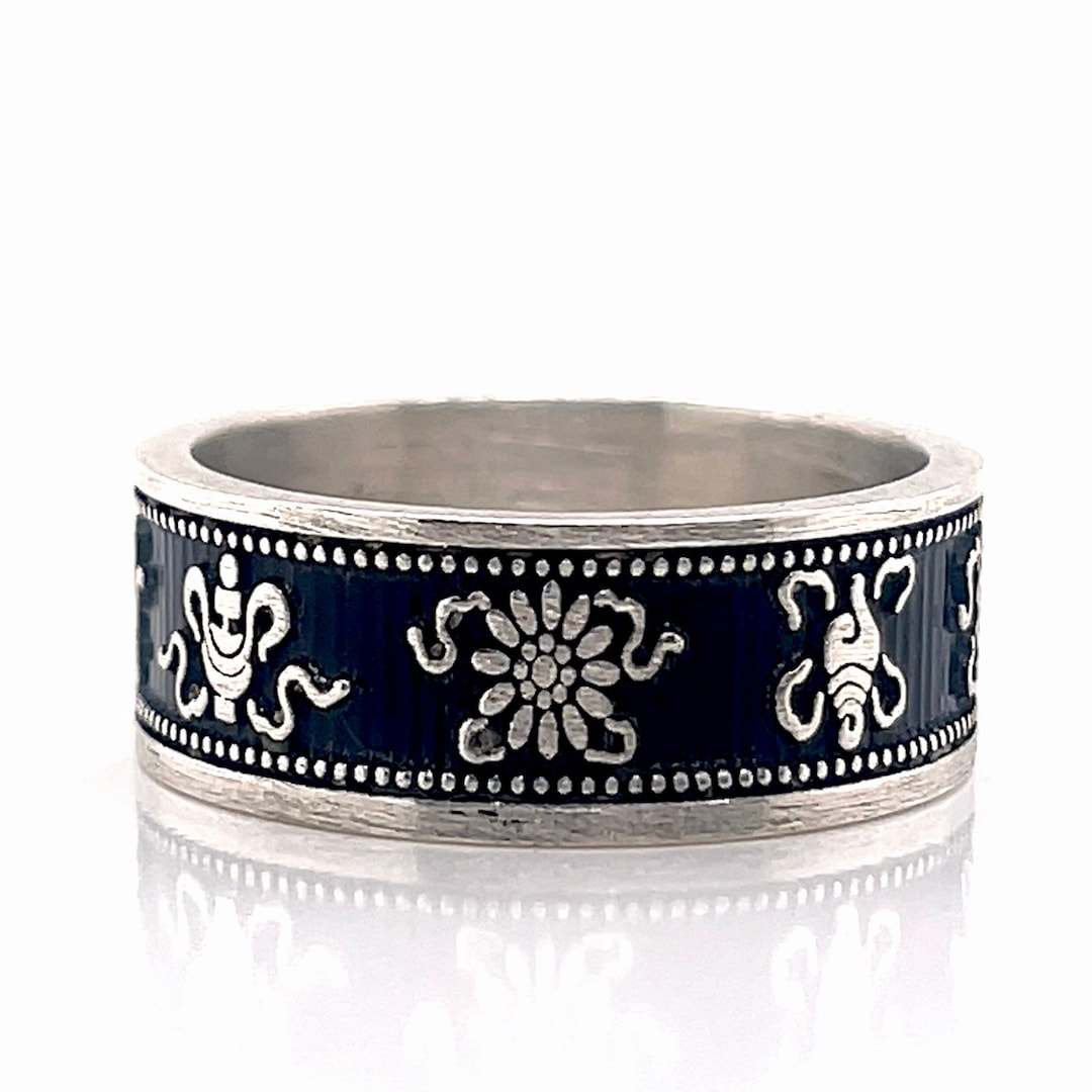 8 Auspicious Symbols of Tibetan Buddhism Ring, Sterling Silver, 8mm ...