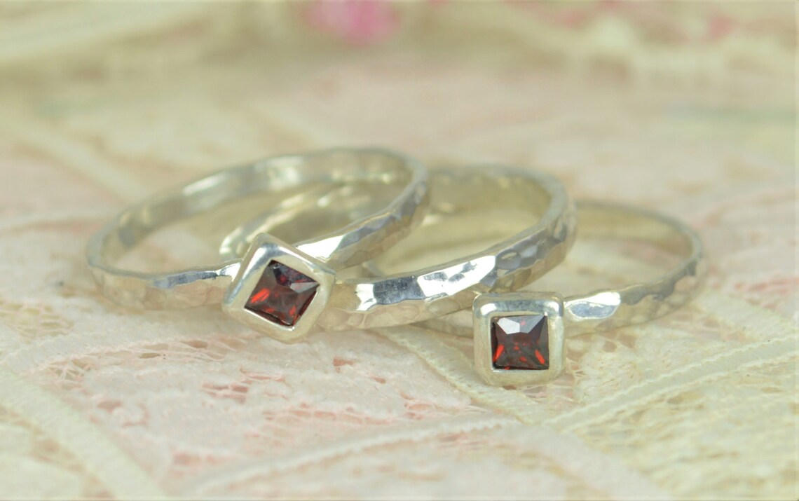 Square Garnet Engagement Ring Sterling Silver Garnet Wedding | Etsy