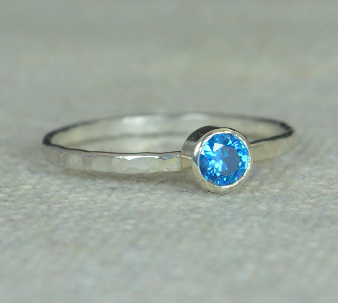Small Blue Zircon Ring, Hammered Silver Ring, Stackable Rings, Mother's ...
