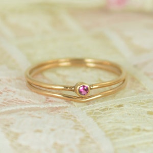 Tiny Ruby Ring Set, Solid Rose Gold Wedding Set, Stacking Ring, Solid 14k Gold Ruby Ring, July ...