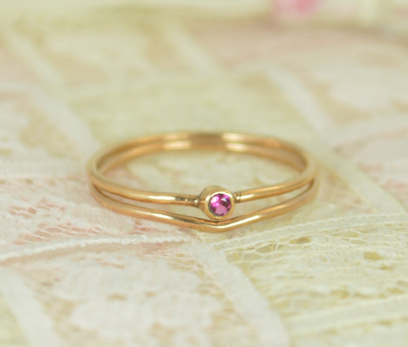 Tiny Ruby Ring Set Solid Rose Gold Wedding Set Stacking - Etsy