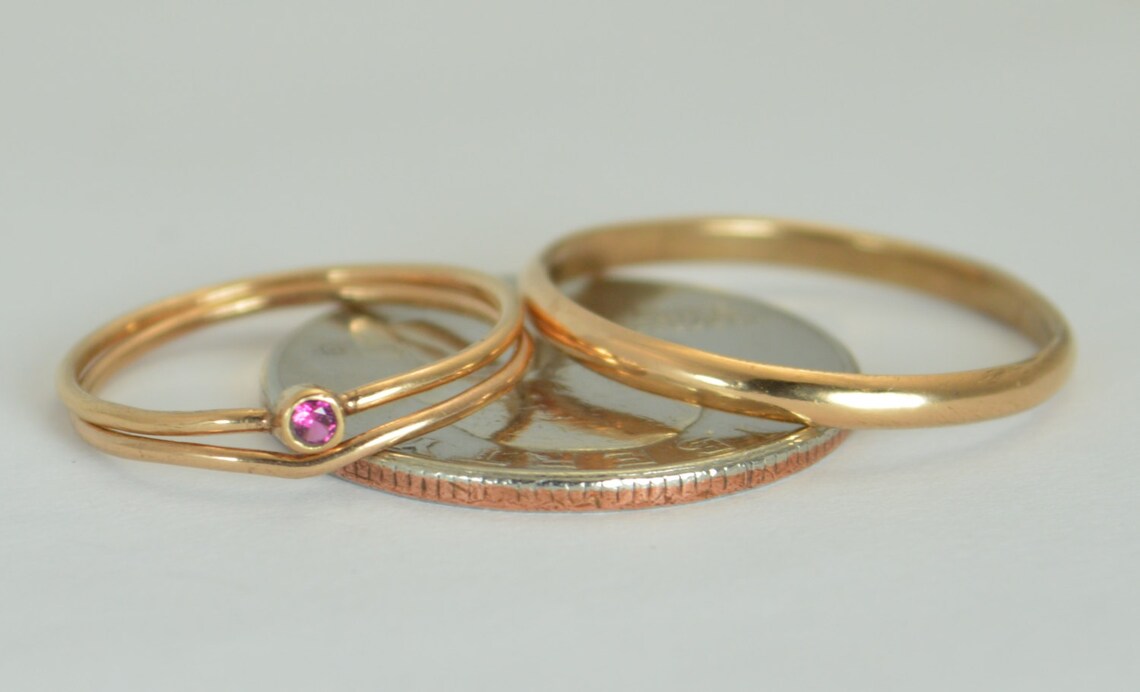 Tiny Ruby Ring Set Solid Rose Gold Wedding Set Stacking - Etsy