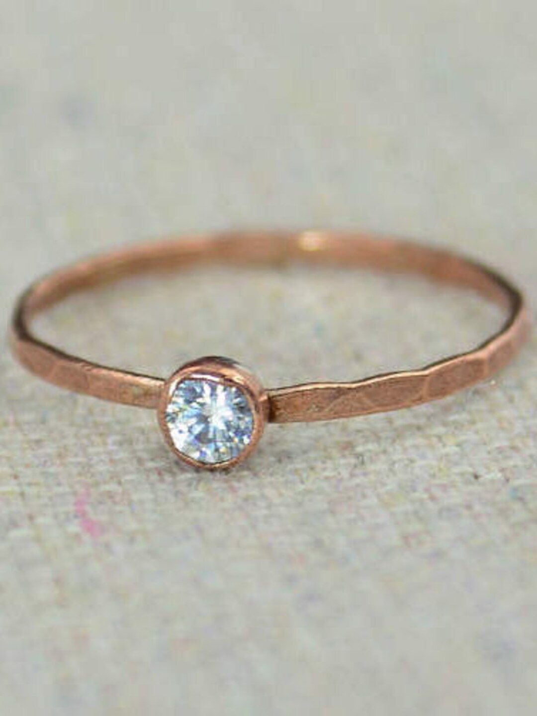 Dainty Copper CZ Diamond Ring, Hammered Copper, CZ Diamond Jewelry, CZ ...