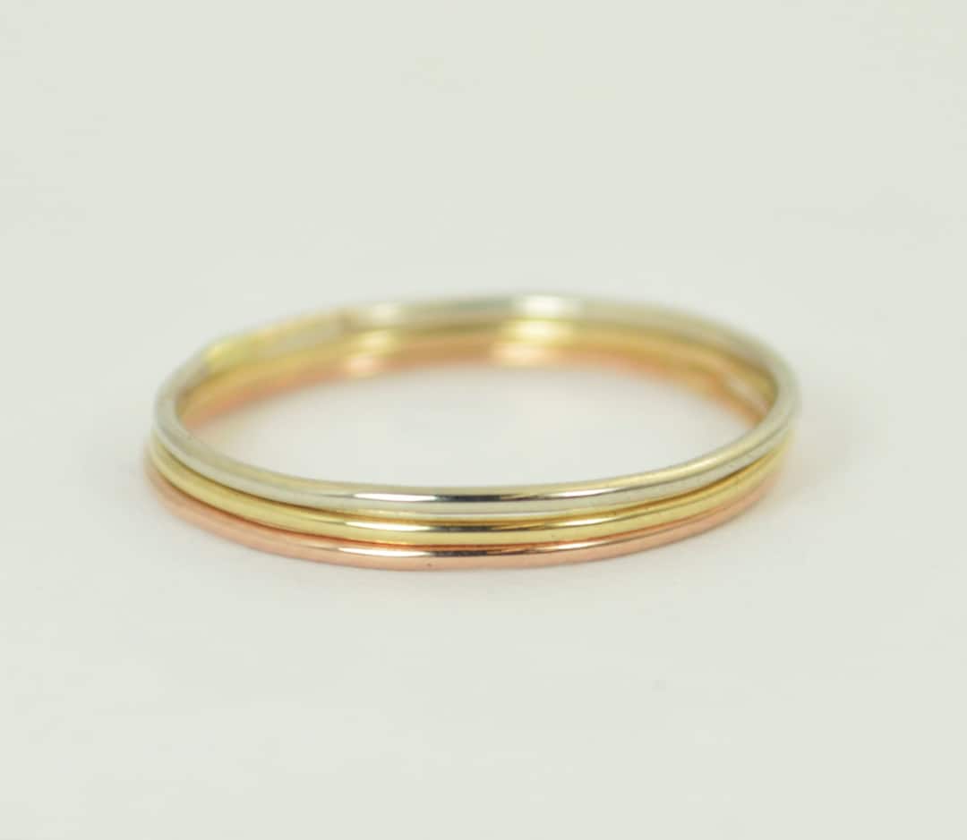 Solid 14K White, Rose & Yellow Gold Round Ring Set, Thin Stacking Ring ...