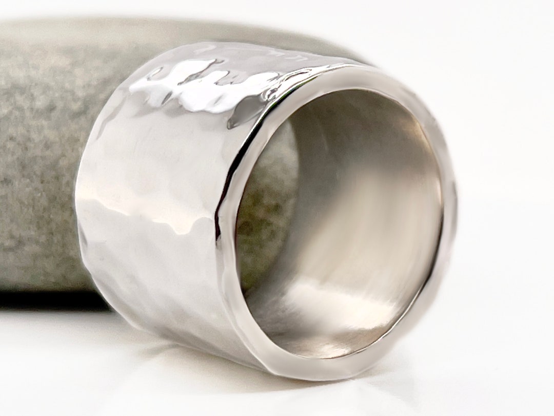 Huge 17mm Wide Solid Sterling Silver Hammered Wedding Band, .925 Sterling, Shield Ring, Wedding ...