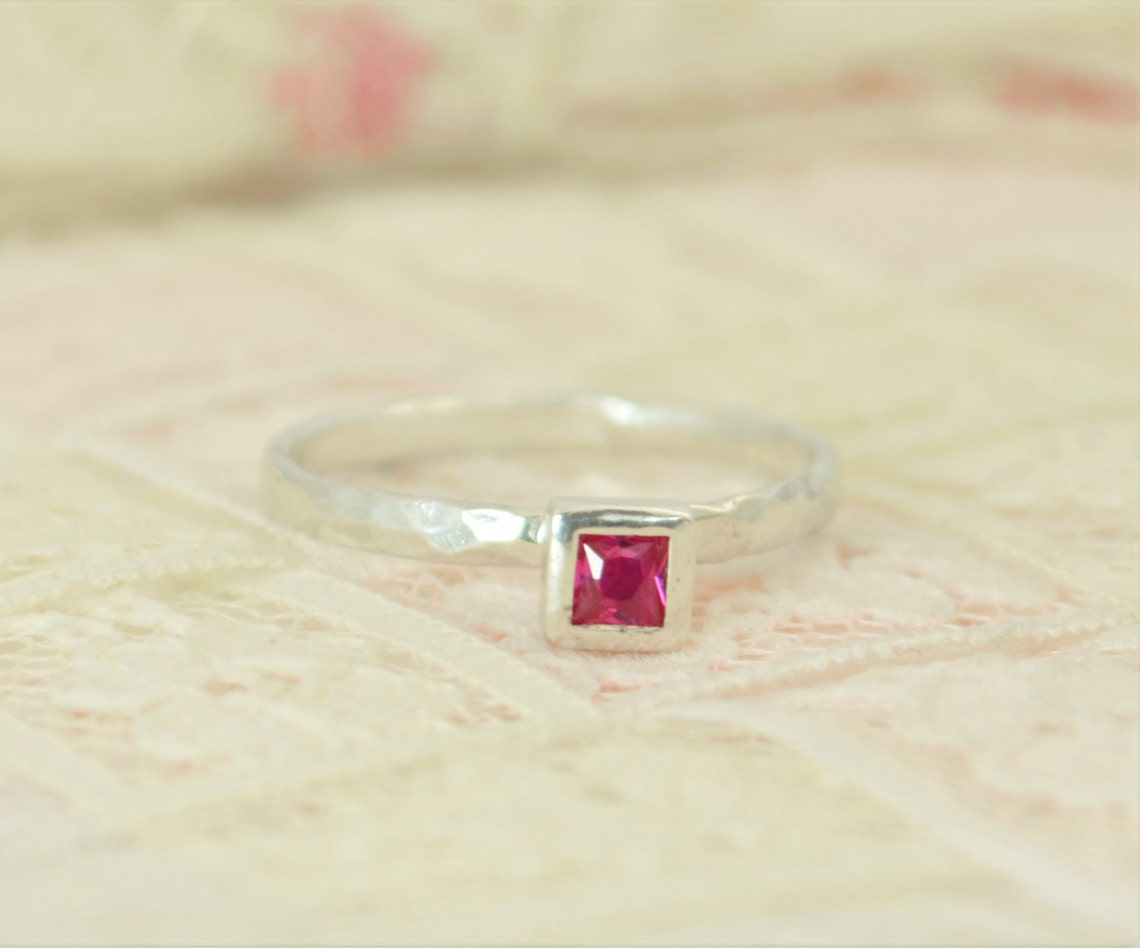 Square Ruby Engagement Ring Sterling Silver Ruby Wedding | Etsy