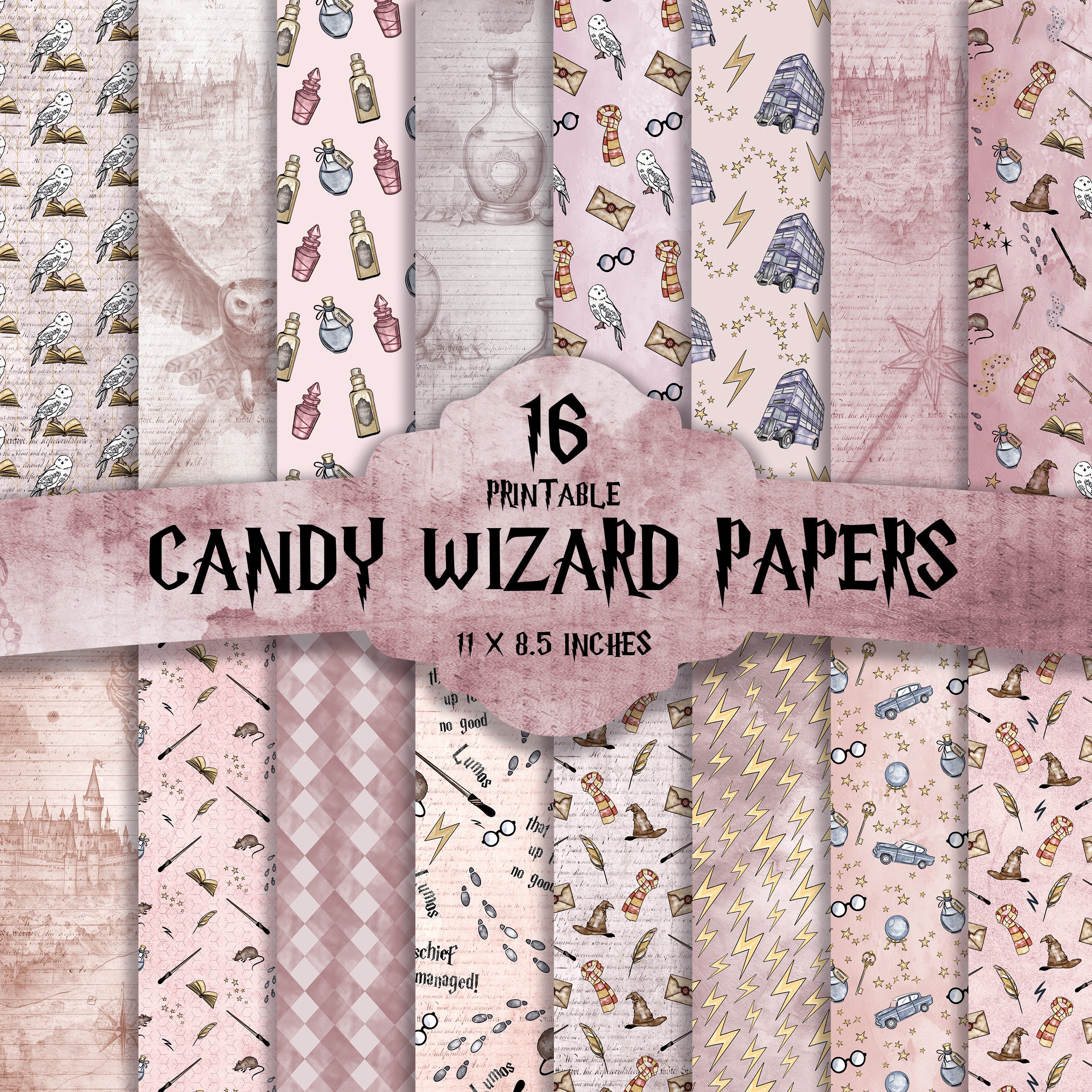 Set of 16 Pink Wizard Pattern Digital Paper, Wizard Junk Journal, Magic ...