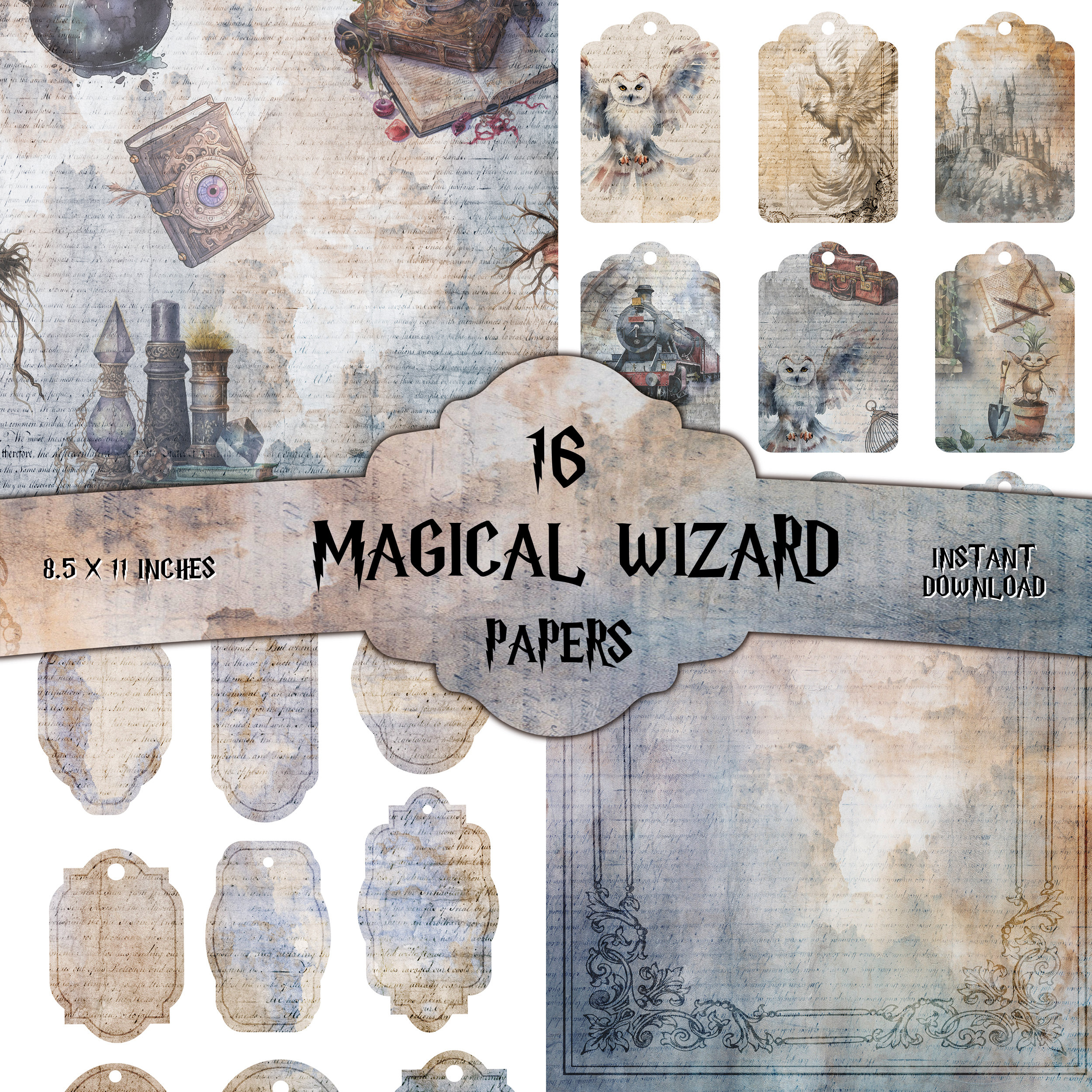 Set of 16 Wizard Pattern Digital Paper, Wizard Junk Journal, Magic ...