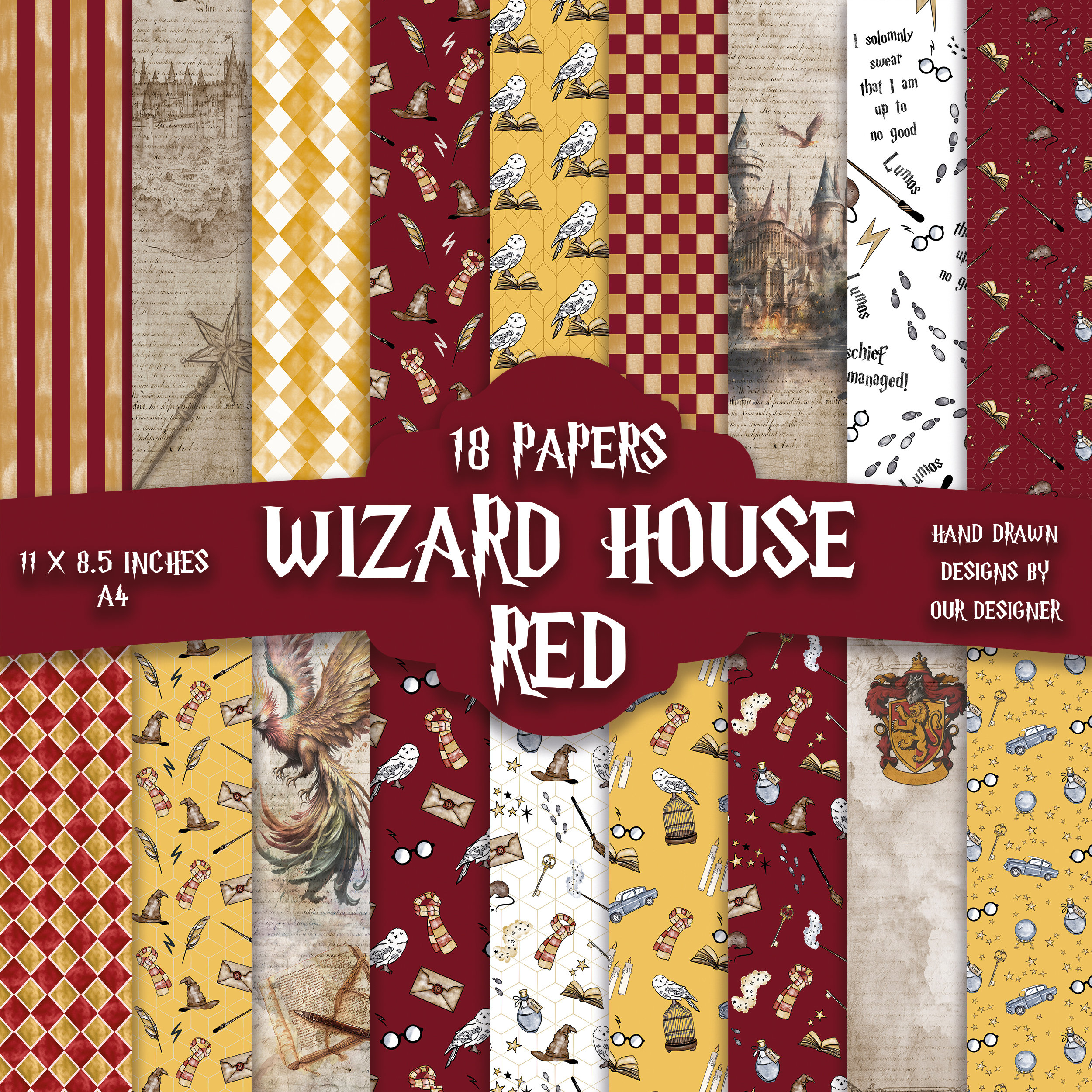 Wizard House Red Pattern Digital Paper: Magic Scrapbook Backgrounds ...