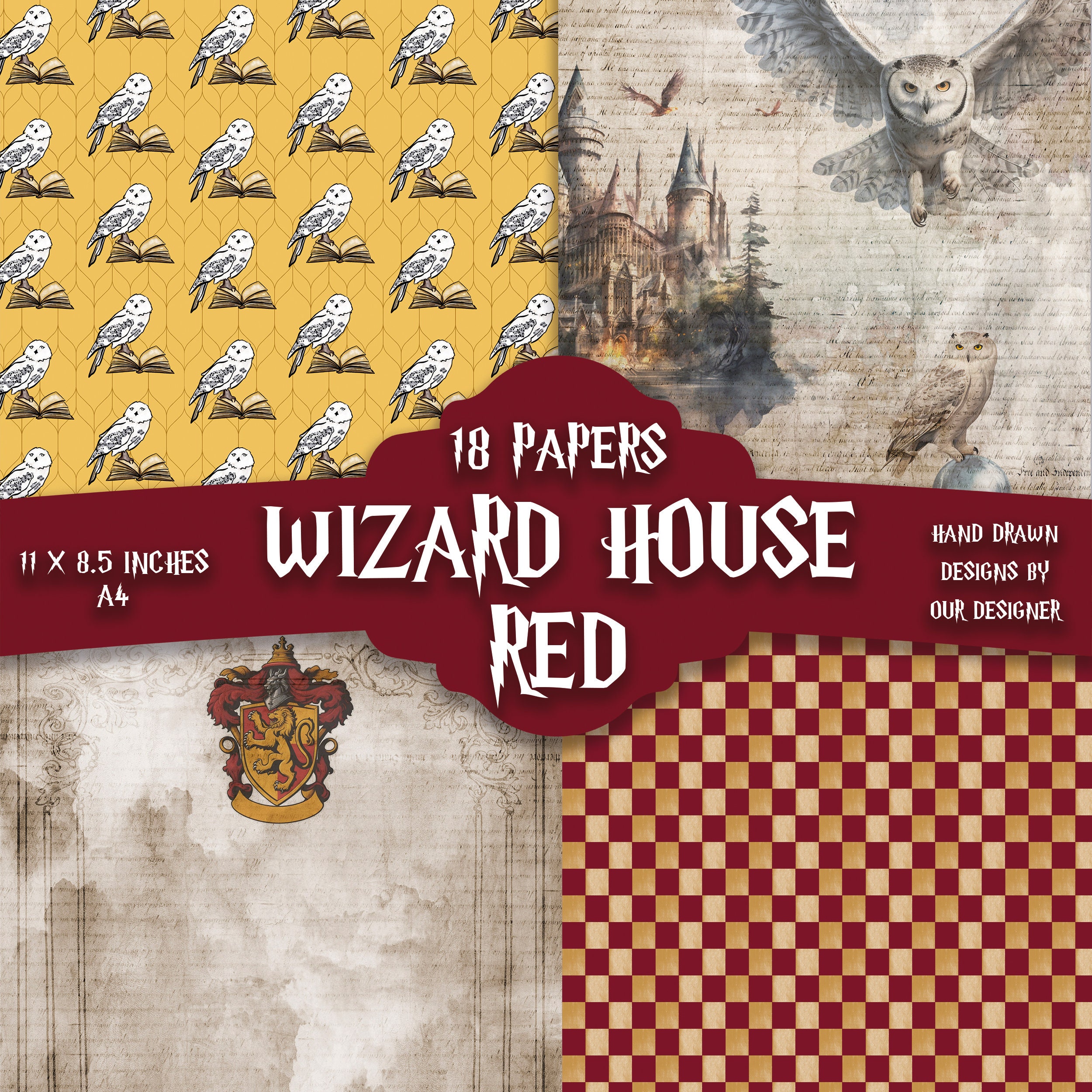 Wizard House Red Pattern Digital Paper: Magic Scrapbook Backgrounds ...