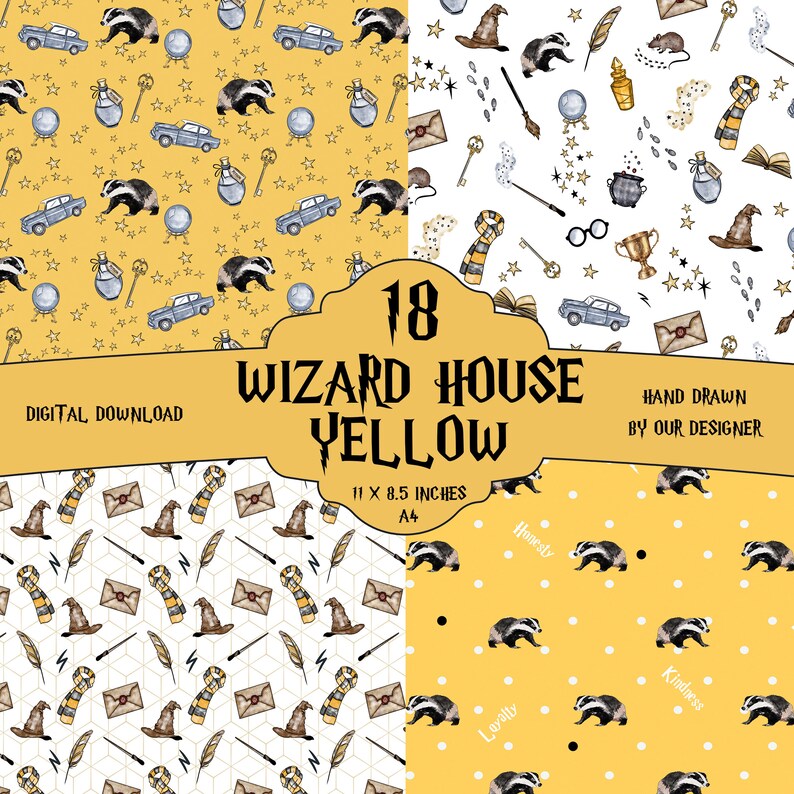 Wizard House Yellow Pattern Digital Paper: Magic Scrapbook Backgrounds ...