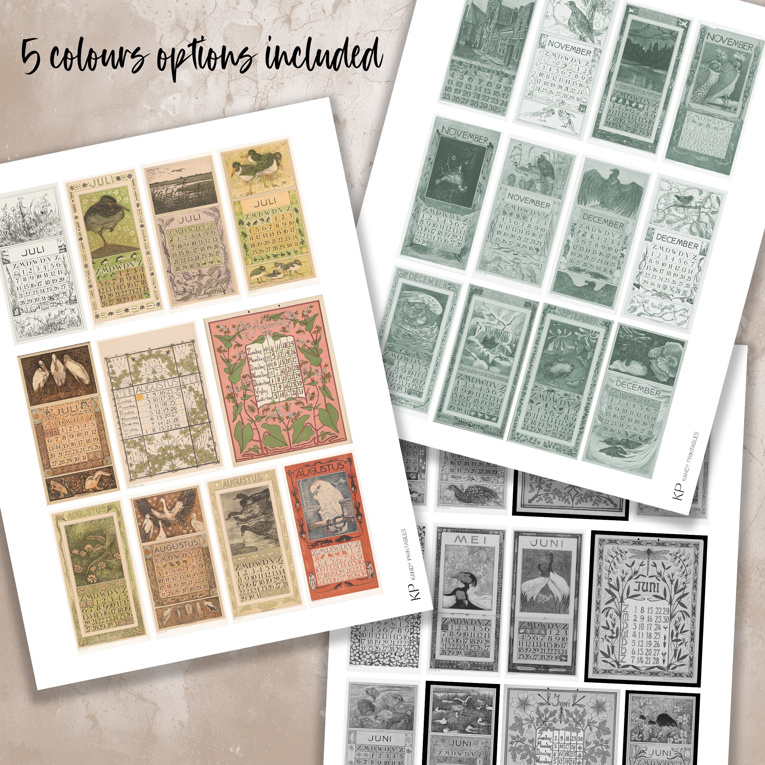 Calendar Cards Set Vintage Digital Cards Months of Year, Junk Journal ...
