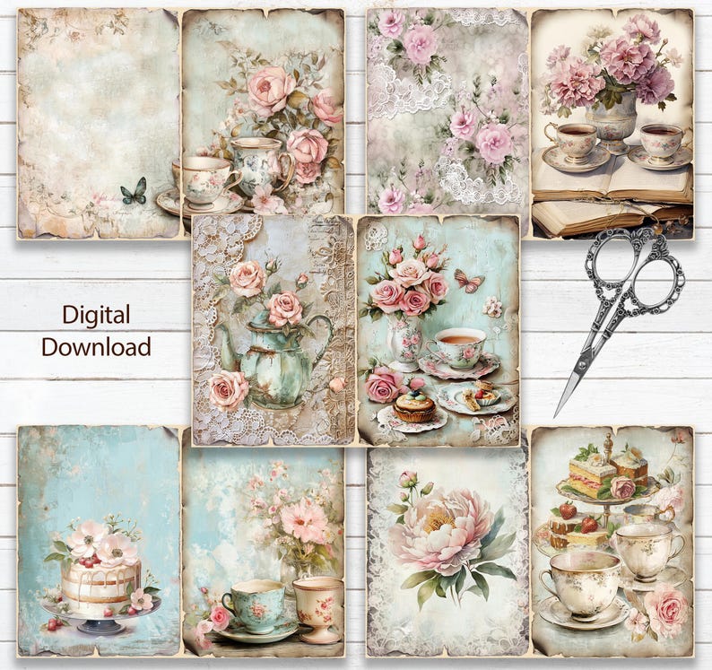 Afternoon Tea Digital Paper Pack: Vintage Floral Junk Journal (digital ...