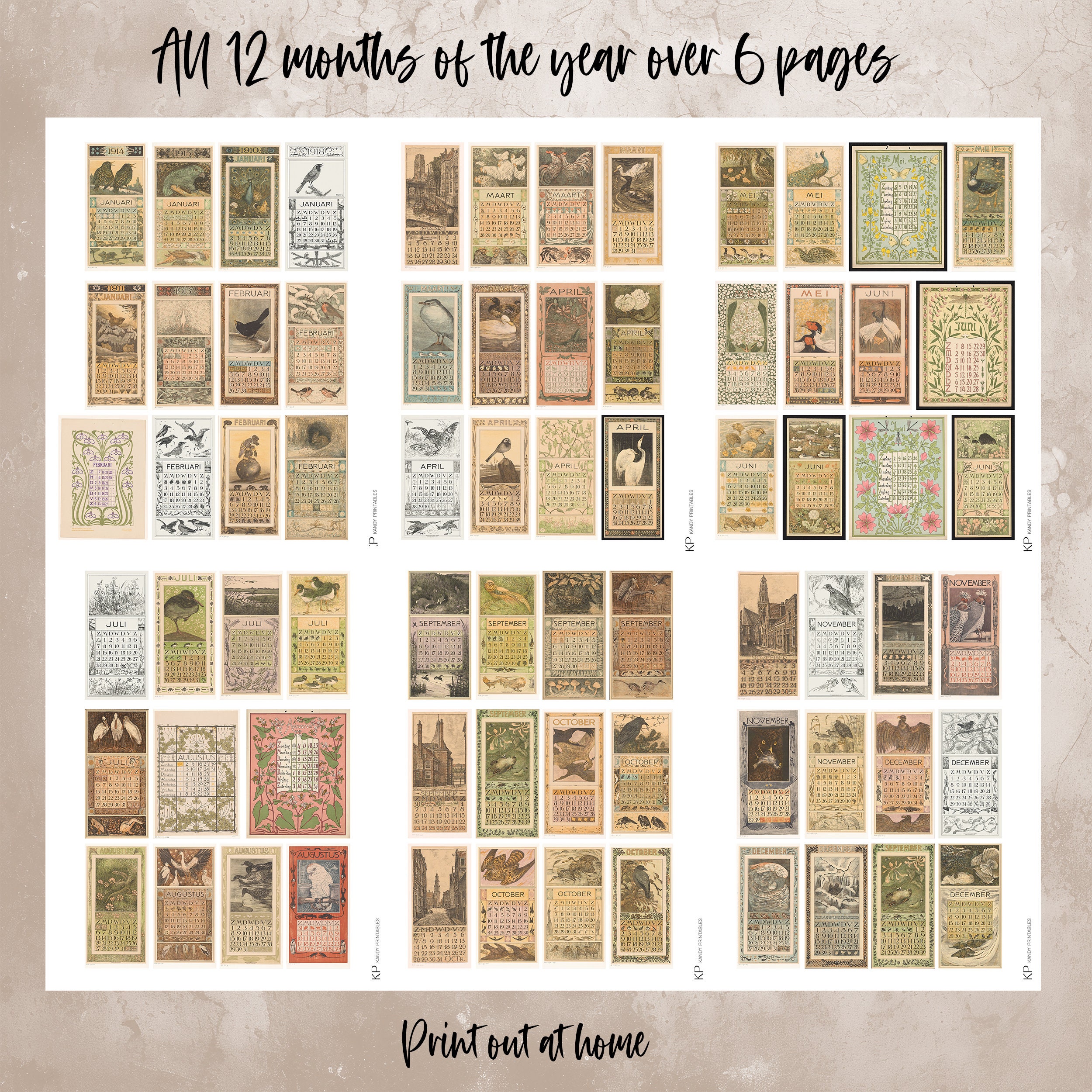 Calendar Cards Set Vintage Digital Cards Months of Year, Junk Journal ...