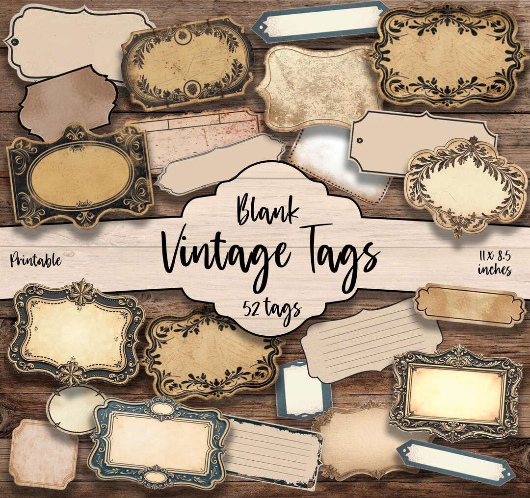 52 Vintage Blank Tags: Printable Scrapbook Embellishments (digital ...