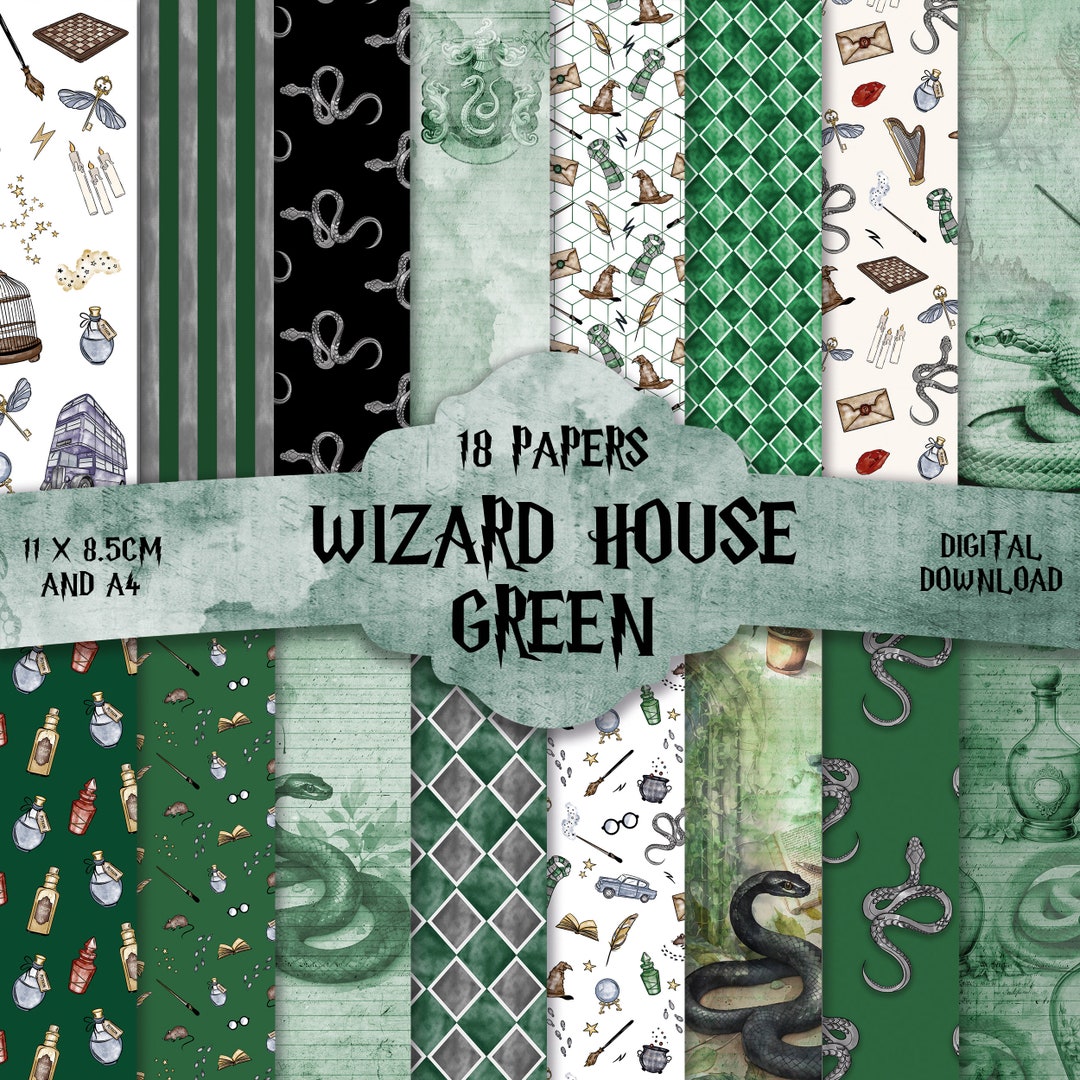 Wizard House Green Pattern Digital Paper: Magic Scrapbook Backgrounds ...