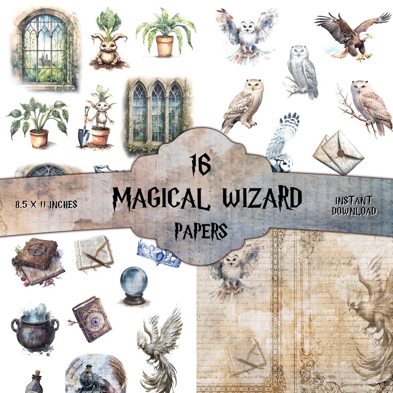 Set of 16 Wizard Pattern Digital Paper, Wizard Junk Journal, Magic ...